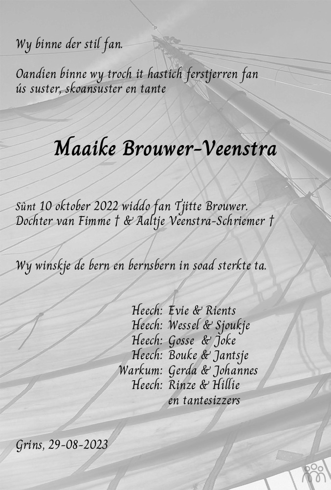 Maaike Brouwer-Veenstra 29-08-2023 overlijdensbericht en condoleances - Mensenlinq.nl