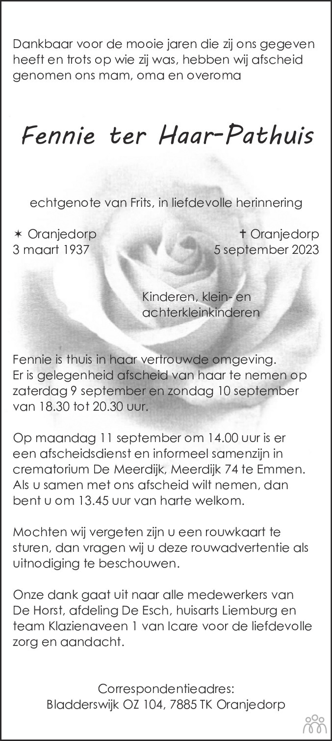 Fennie ter Haar-Pathuis 05-09-2023 overlijdensbericht en condoleances ...