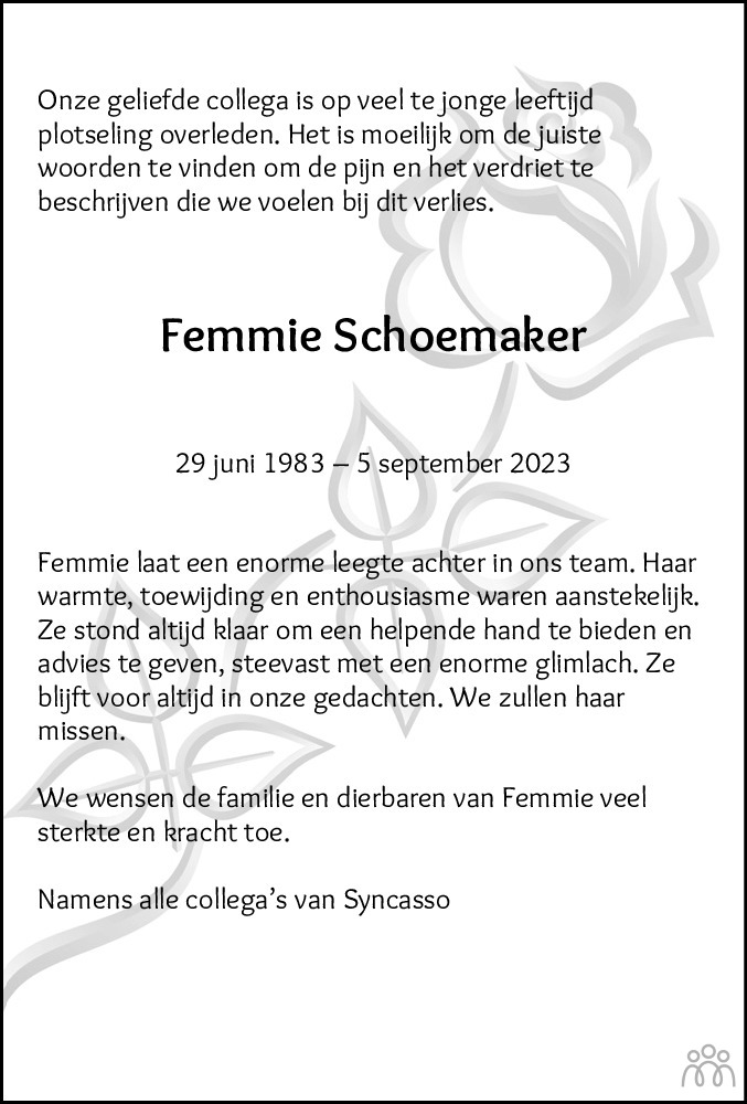 Femmie Schoemaker 05-09-2023 overlijdensbericht en condoleances - Mensenlinq.nl