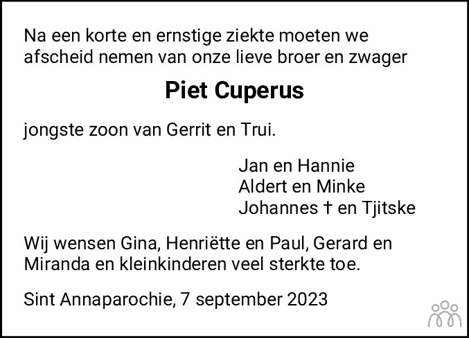 Pieter Cuperus 07 09 2023 Overlijdensbericht En Condoleances Mensenlinqnl