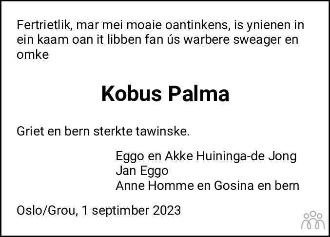 Jacobus Jan (Kokkie, Jack, Kobus) Palma 01-09-2023 overlijdensbericht ...