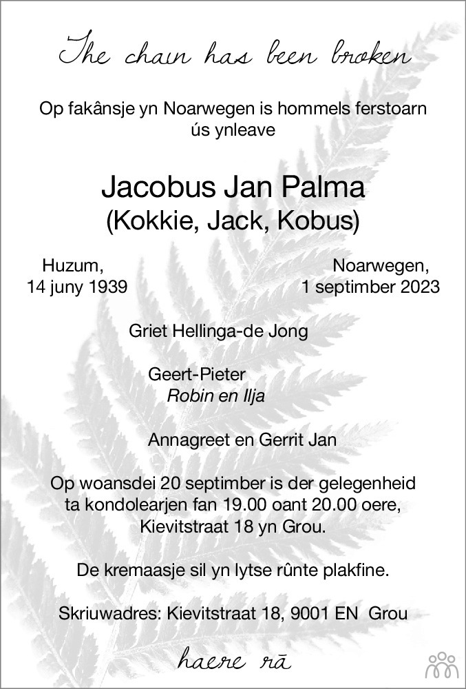Jacobus Jan (Kokkie, Jack, Kobus) Palma 01-09-2023 overlijdensbericht ...