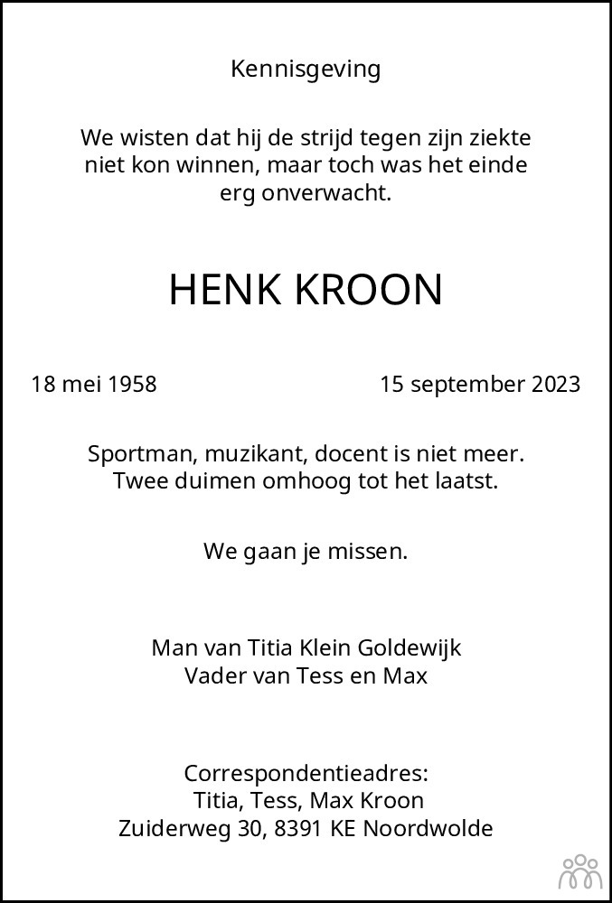 Henk Kroon 15-09-2023 overlijdensbericht en condoleances - Mensenlinq.nl