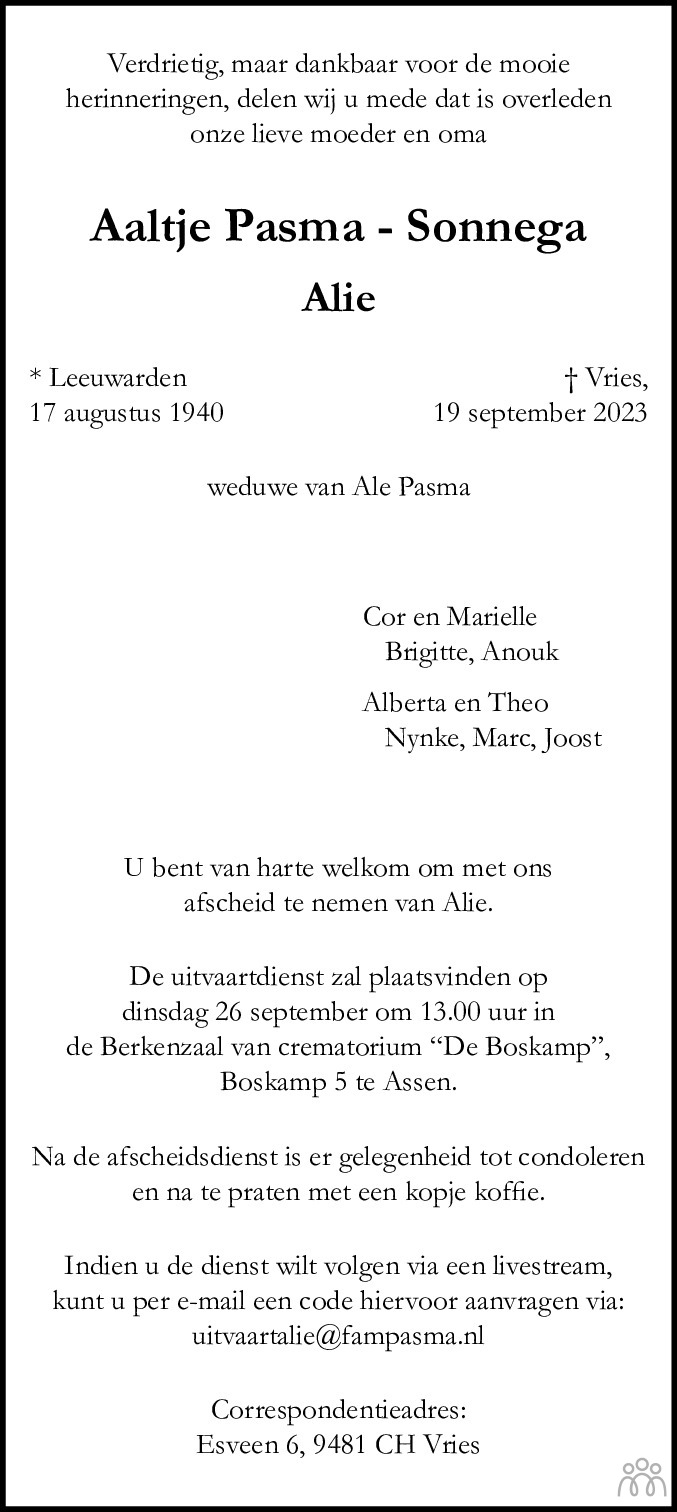 Aaltje Alie Pasma Sonnega 19 09 2023 Overlijdensbericht En Condoleances Mensenlinqnl