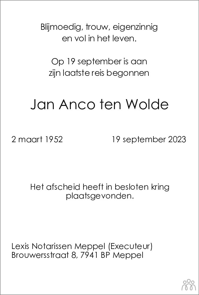 Jan Anco ten Wolde 19-09-2023 overlijdensbericht en condoleances ...