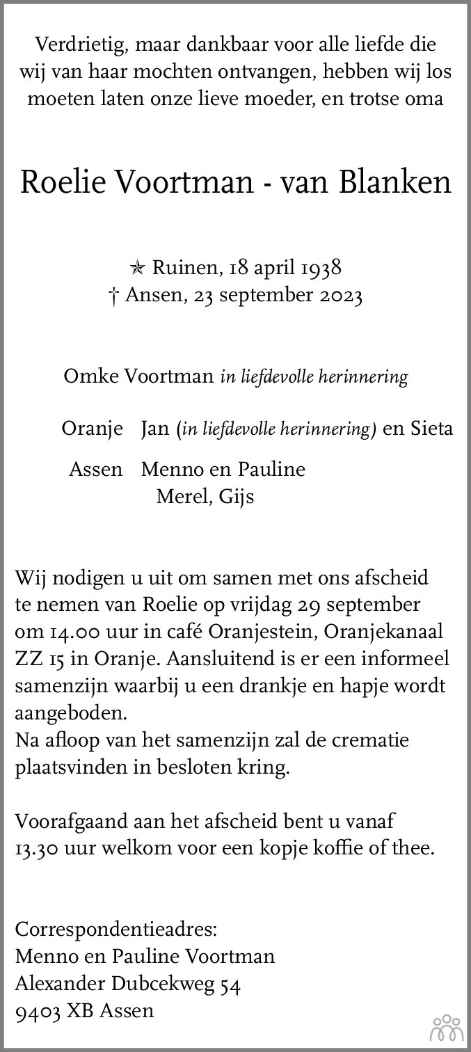 Roelie Voortman-van Blanken 23-09-2023 overlijdensbericht en ...