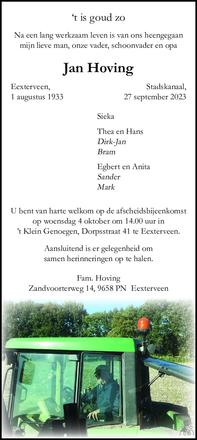 Jan Hoving 27-09-2023 overlijdensbericht en condoleances - Mensenlinq.nl