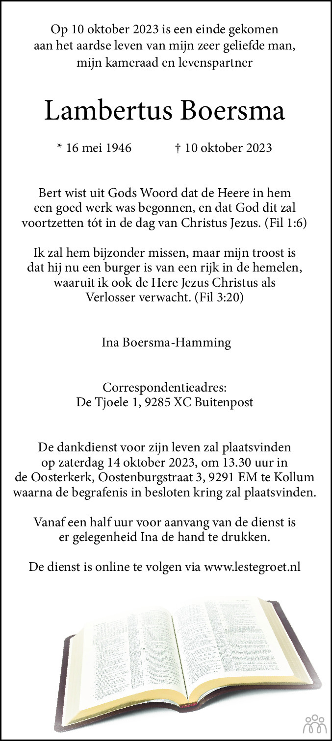 Lambertus Boersma 10-10-2023 overlijdensbericht en condoleances ...