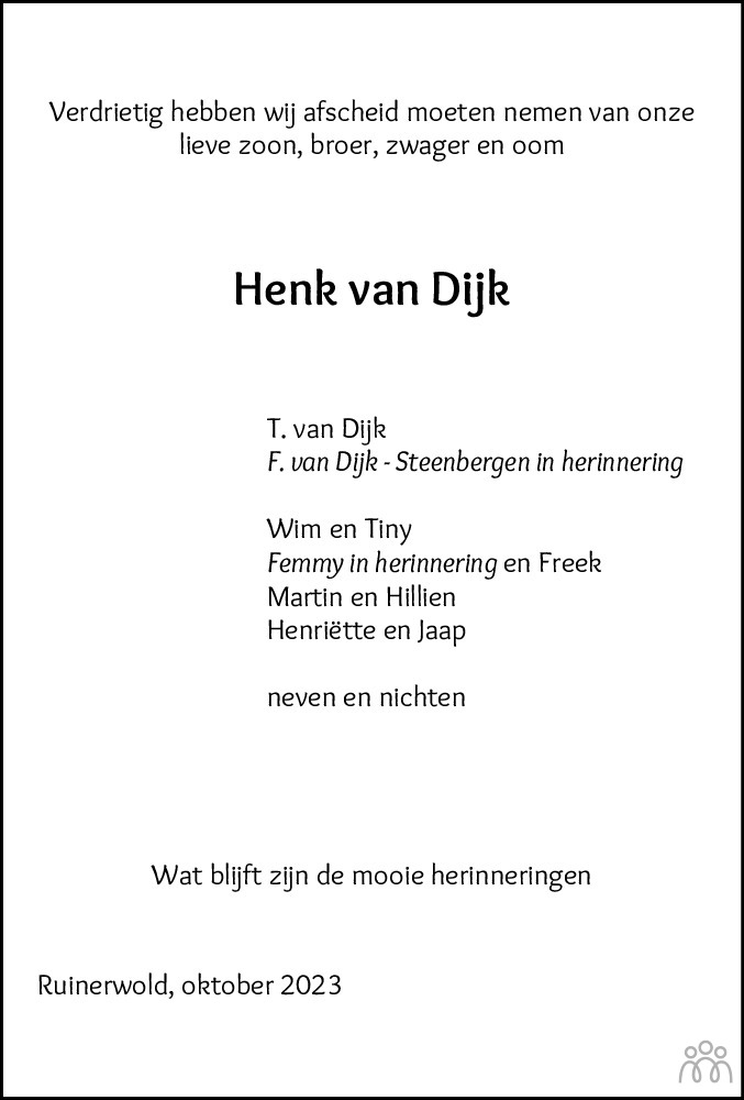 Henk van Dijk 12-10-2023 overlijdensbericht en condoleances - Mensenlinq.nl
