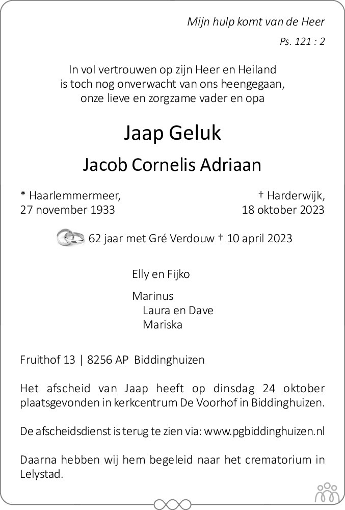 Jaap (Jacob Cornelis Adriaan) Geluk 18-10-2023 overlijdensbericht en ...