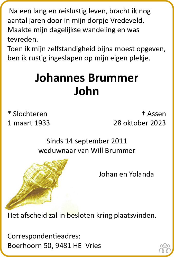Johannes (John) Brummer 28-10-2023 overlijdensbericht en condoleances ...