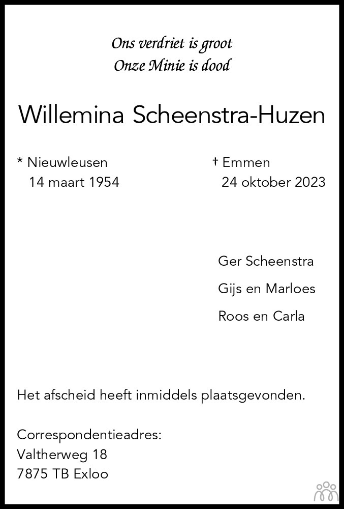 Willemina (Minie) Scheenstra-Huzen 24-10-2023 overlijdensbericht en ...