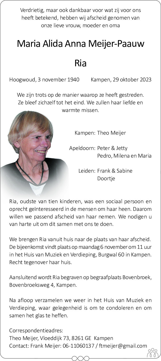 Maria Alida Anna (Ria) Meijer-Paauw 29-10-2023 overlijdensbericht en ...