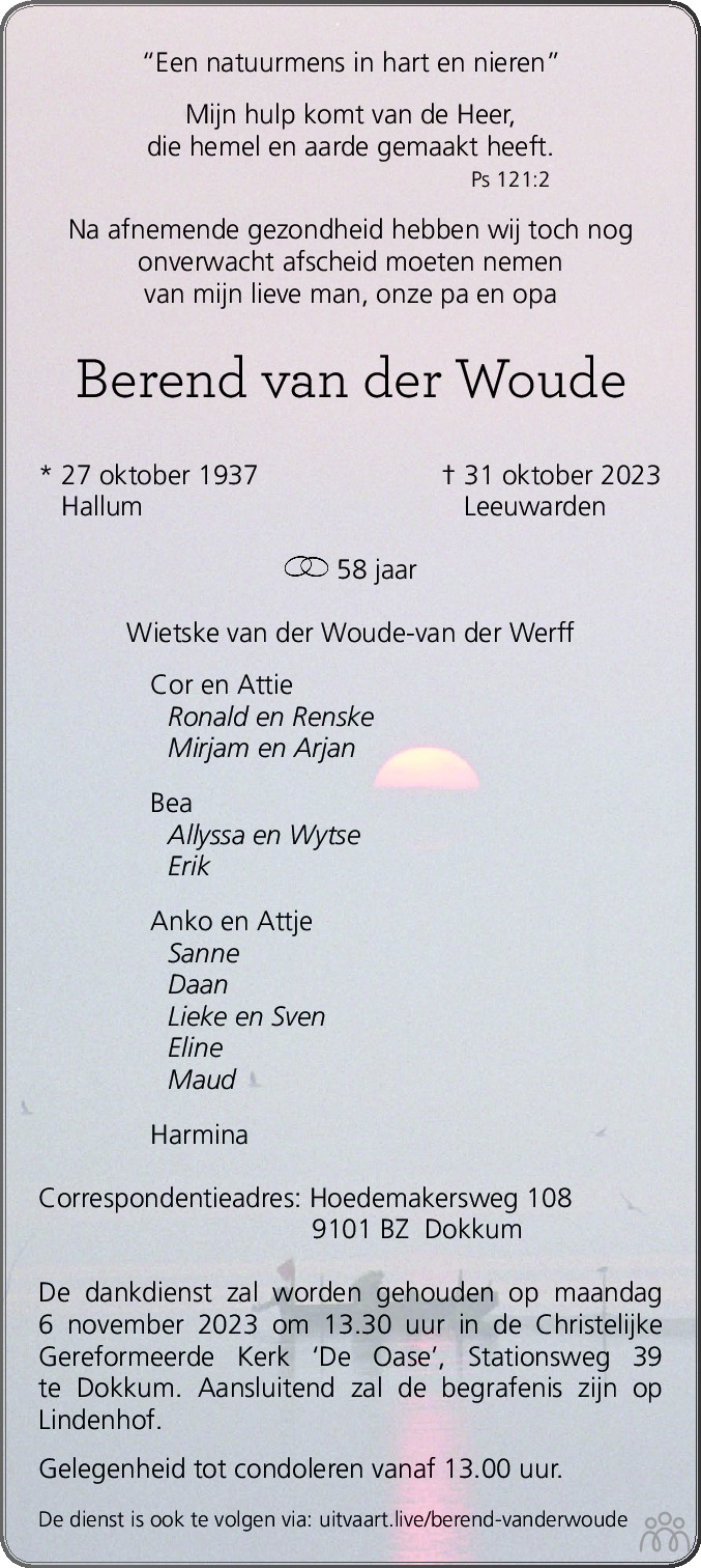 Berend van der Woude 31-10-2023 overlijdensbericht en condoleances ...