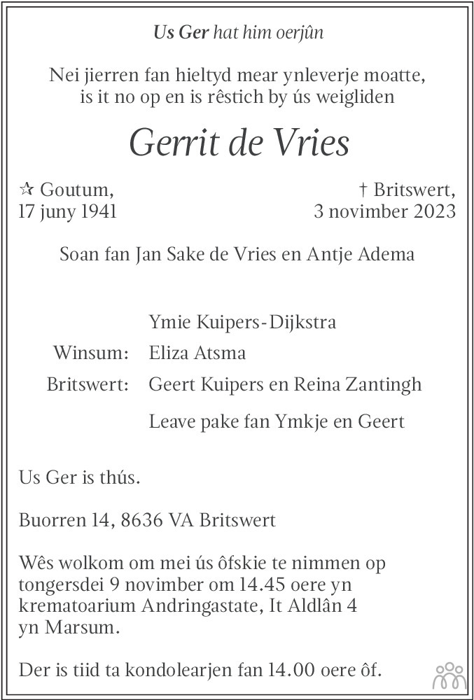 Gerrit de Vries 03-11-2023 overlijdensbericht en condoleances ...