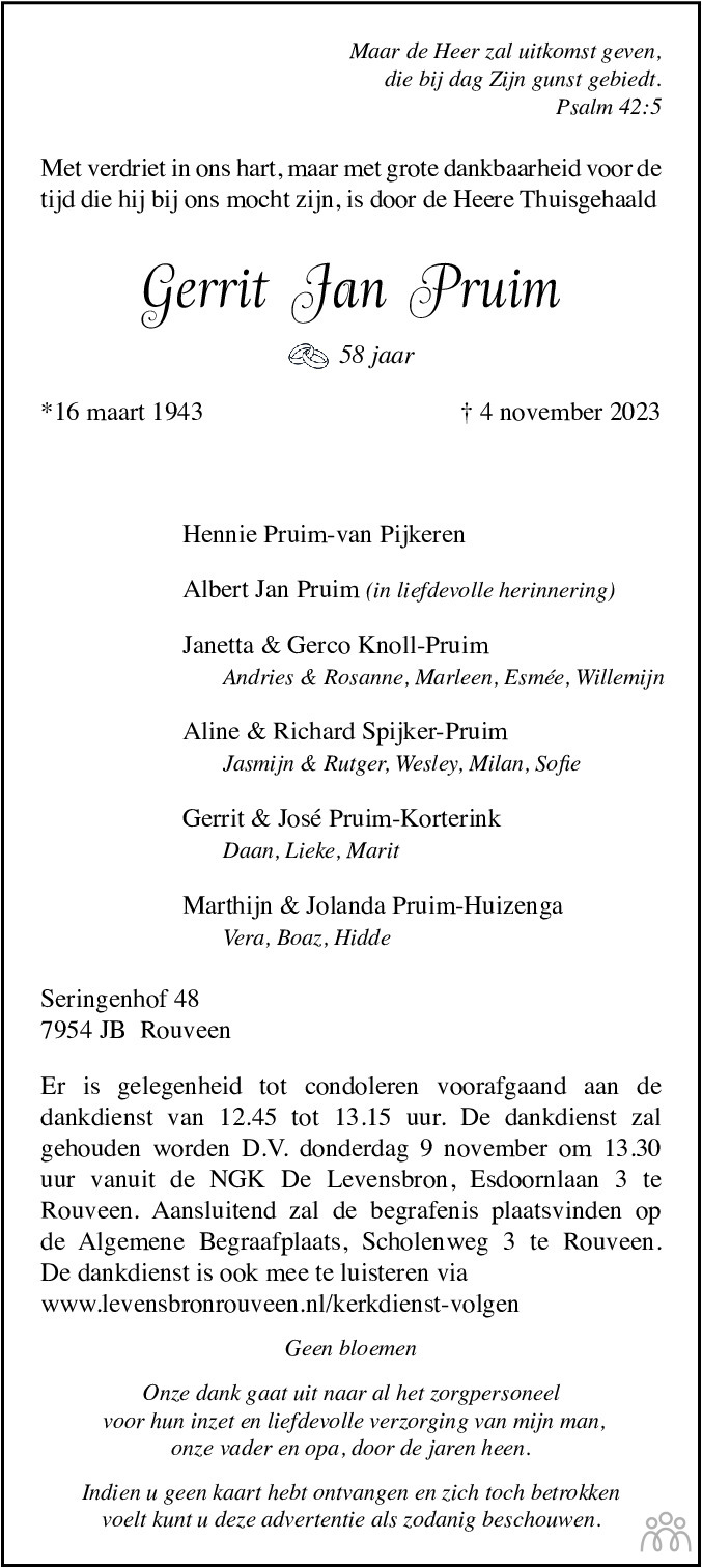 Gerrit Jan Pruim 04-11-2023 overlijdensbericht en condoleances ...
