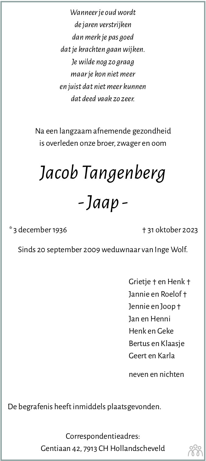 Jacob (Jaap) Tangenberg 31-10-2023 overlijdensbericht en condoleances ...