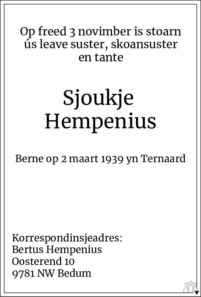 Sjoukje Hempenius 03-11-2023 overlijdensbericht en condoleances ...