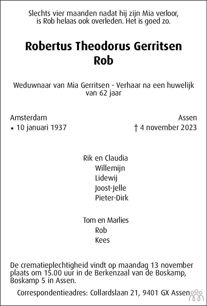 Robertus Theodorus (Rob) Gerritsen 04-11-2023 overlijdensbericht en ...