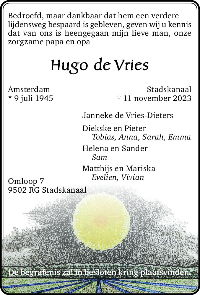 Hugo de Vries 11-11-2023 overlijdensbericht en condoleances - Mensenlinq.nl
