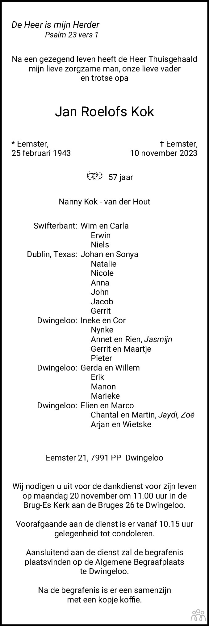 Jan Roelofs Kok 10-11-2023 overlijdensbericht en condoleances - Mensenlinq.nl