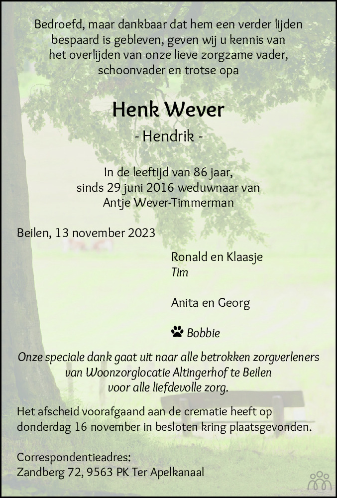 Henk (Hendrik) Wever 13-11-2023 overlijdensbericht en condoleances ...