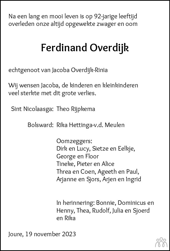 Ferdinand Sjouke Overdijk 19-11-2023 overlijdensbericht en condoleances ...