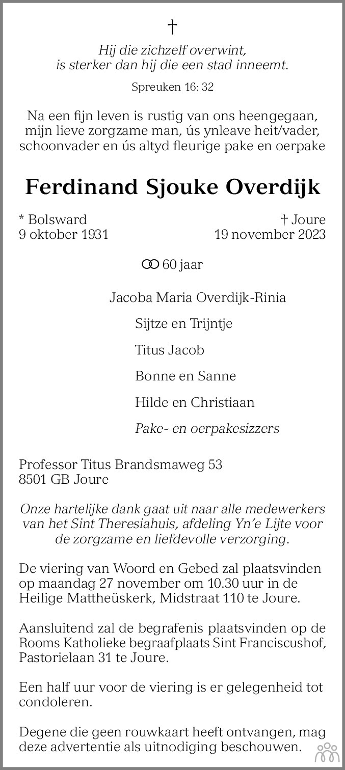 Ferdinand Sjouke Overdijk 19-11-2023 overlijdensbericht en condoleances ...