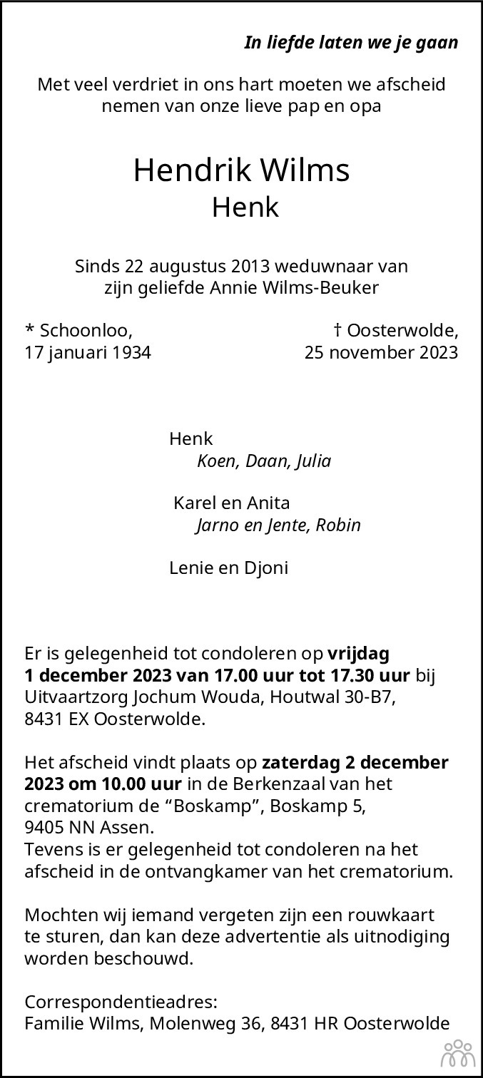 Hendrik (Henk) Wilms 25-11-2023 overlijdensbericht en condoleances ...