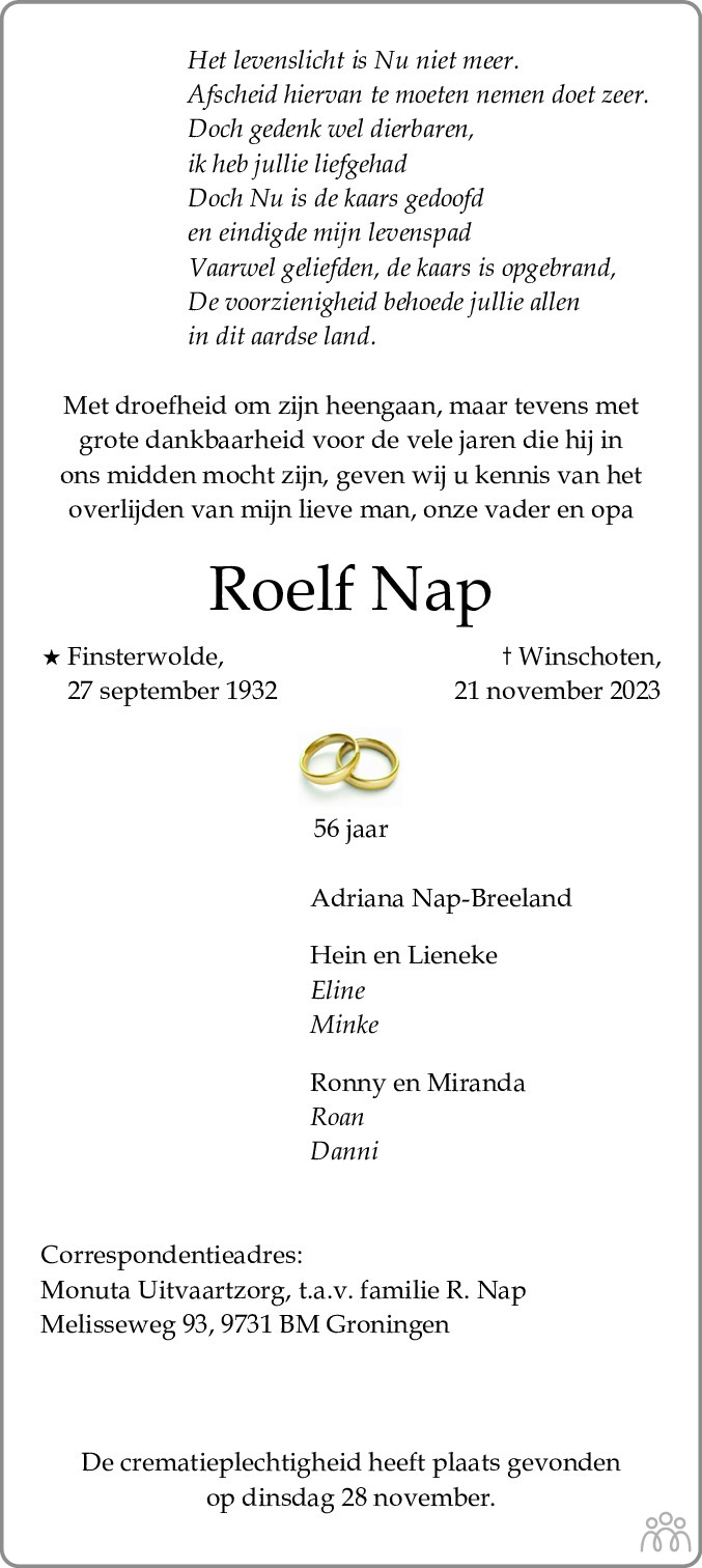 Roelf Nap 21-11-2023 overlijdensbericht en condoleances - Mensenlinq.nl