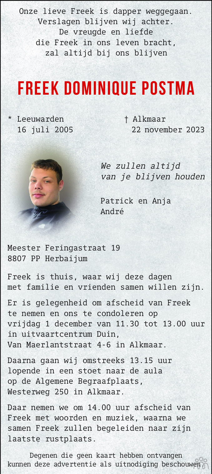 Freek Dominique Postma 22-11-2023 overlijdensbericht en condoleances ...