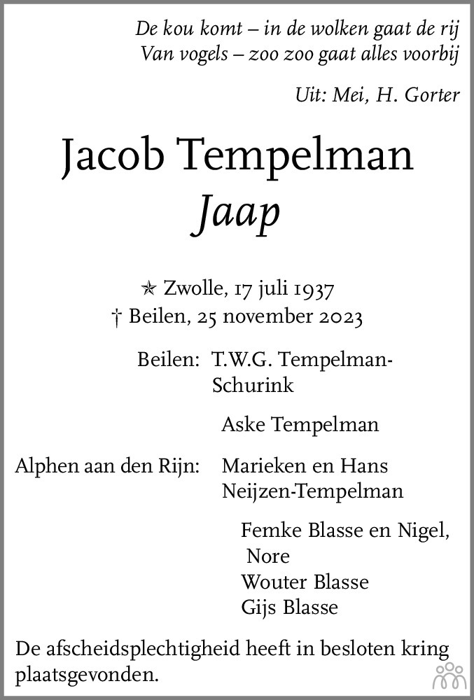 Jaap (Jacob) Tempelman 25-11-2023 overlijdensbericht en condoleances ...