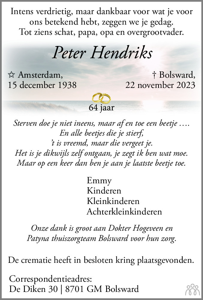 Peter (Peet) Hendriks 22-11-2023 overlijdensbericht en condoleances ...