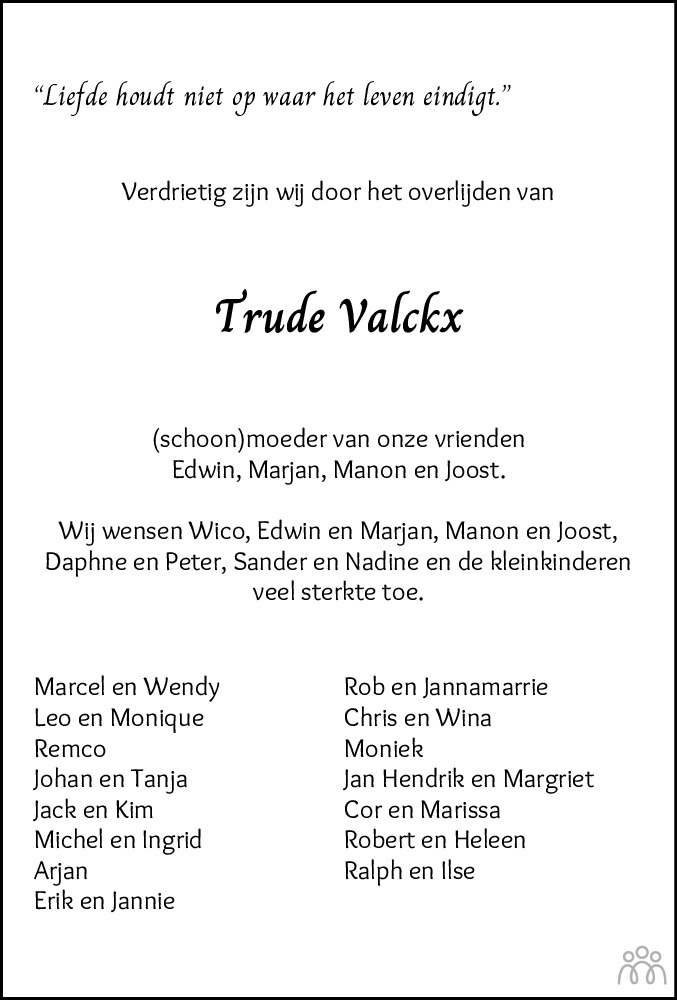 Trude Valckx 29-11-2023 overlijdensbericht en condoleances - Mensenlinq.nl