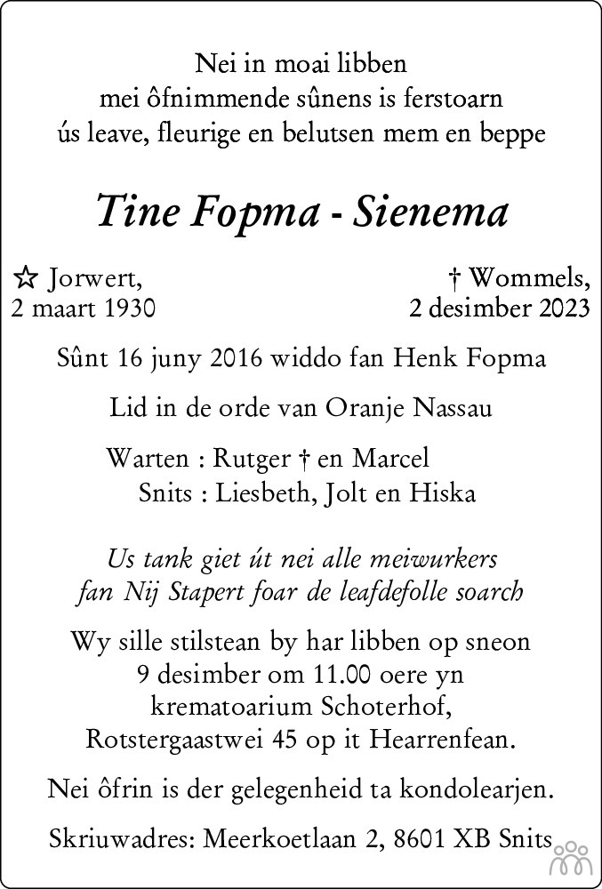 Tine Fopma-Sienema 02-12-2023 overlijdensbericht en condoleances ...