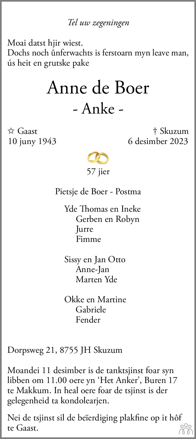 Anne (Anke) de Boer 06-12-2023 overlijdensbericht en condoleances - Mensenlinq.nl