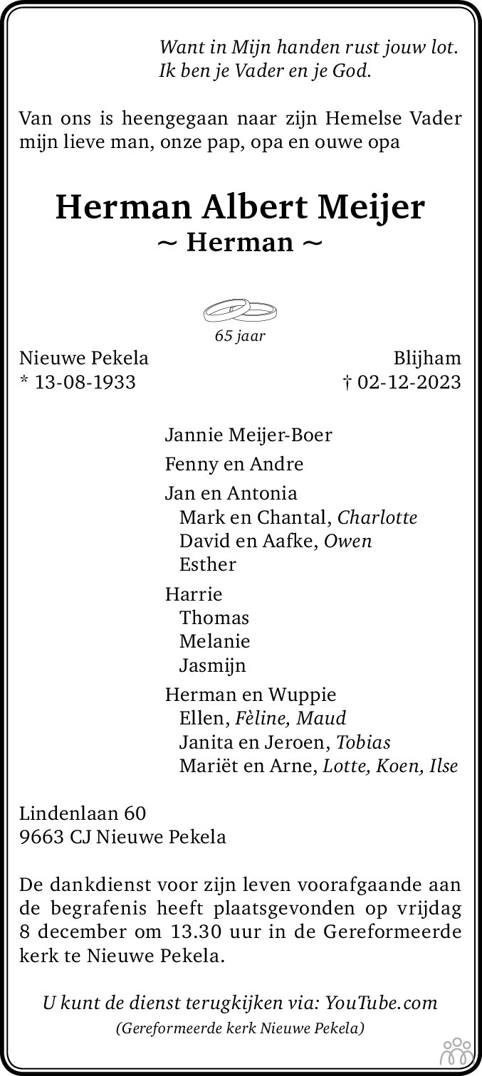 Herman Albert (Herman) Meijer 02-12-2023 overlijdensbericht en condoleances - Mensenlinq.nl