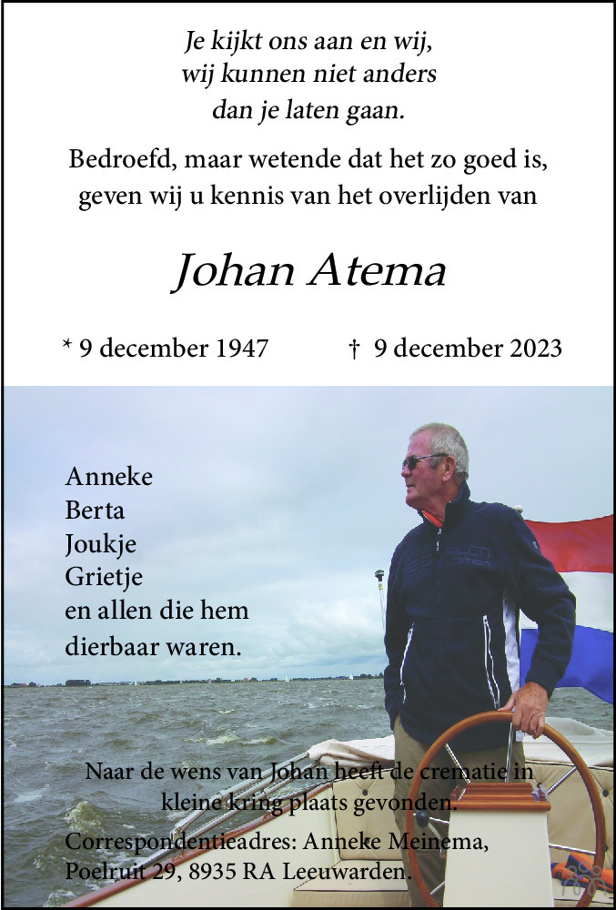 Johan Atema 09-12-2023 overlijdensbericht en condoleances - Mensenlinq.nl