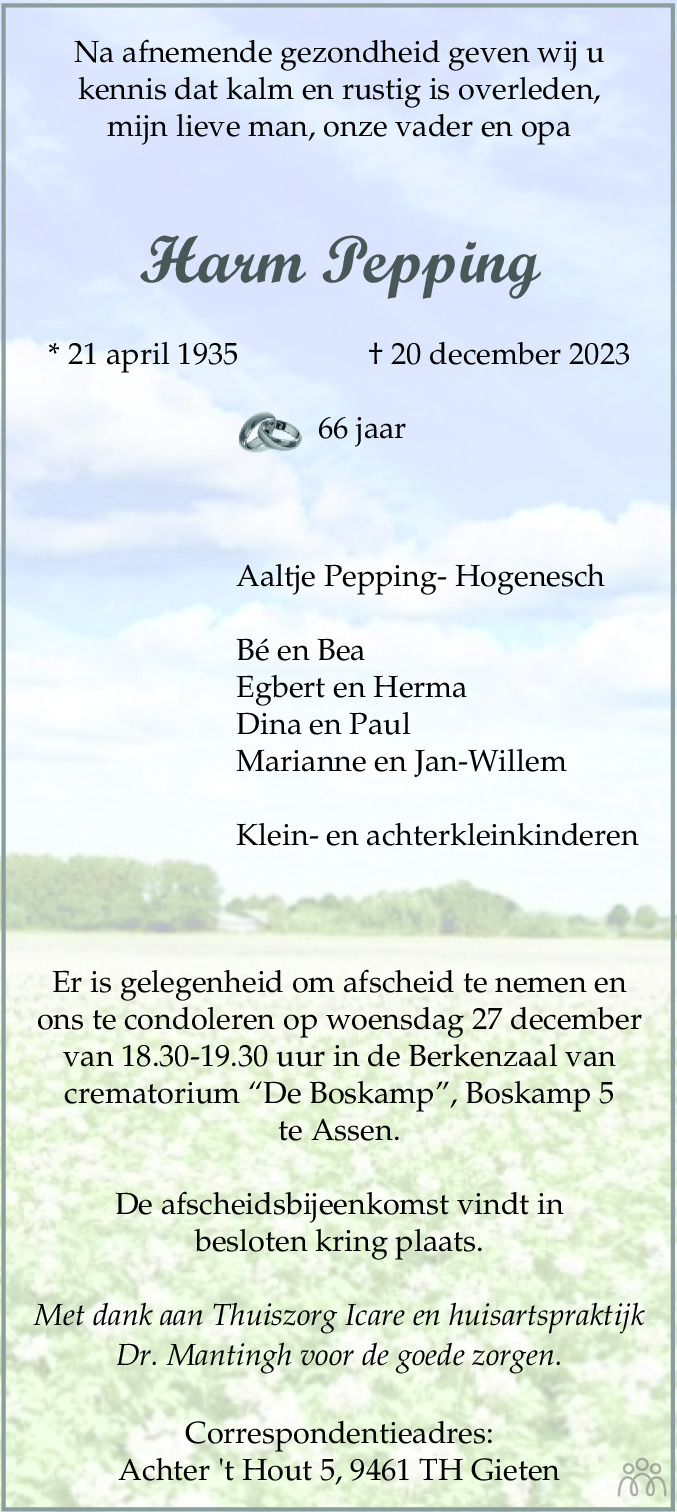 Harm Pepping 20-12-2023 overlijdensbericht en condoleances - Mensenlinq.nl