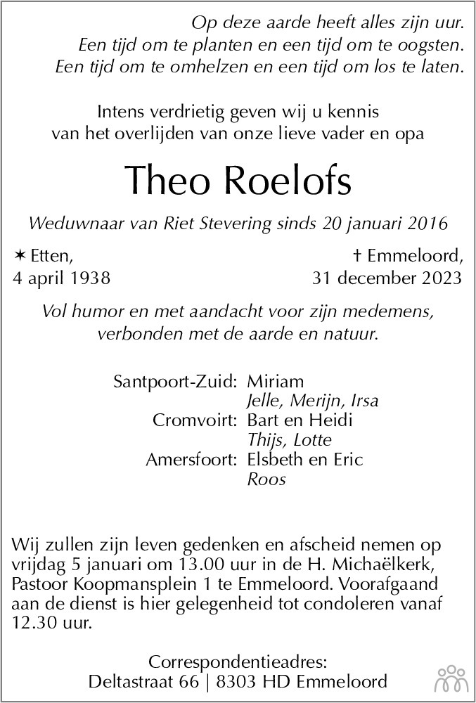 Theo Roelofs 31-12-2023 overlijdensbericht en condoleances - Mensenlinq.nl