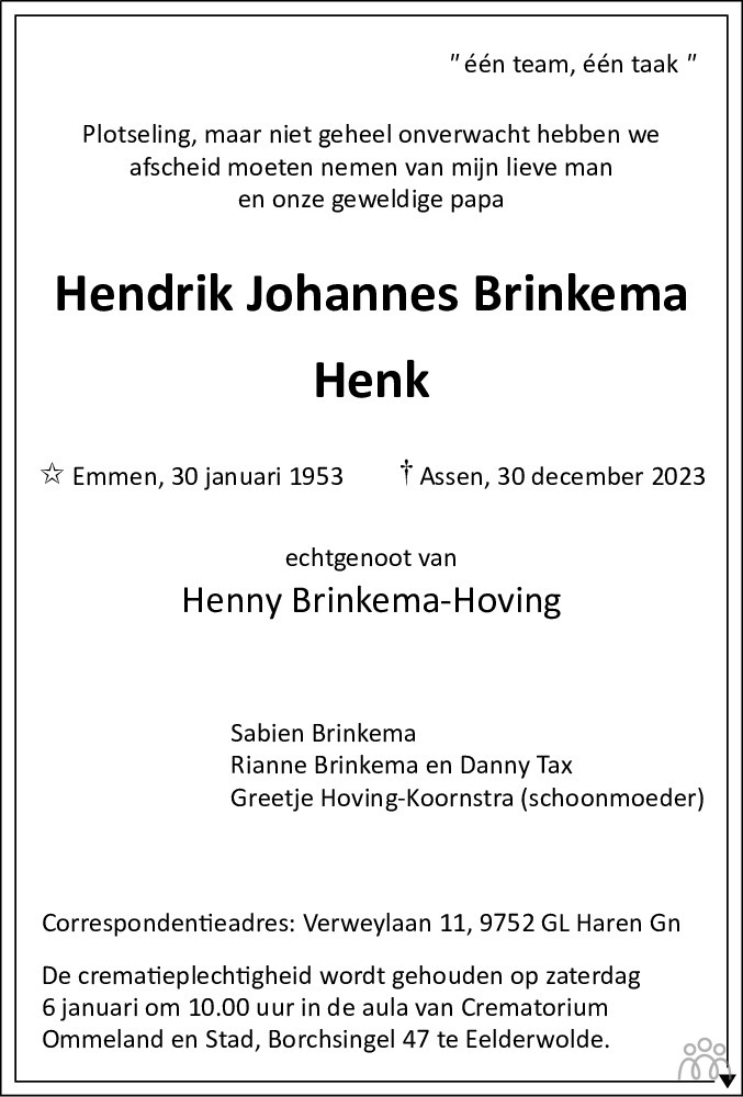 Henk (Hendrik Johannes) Brinkema 30-12-2023 overlijdensbericht en ...