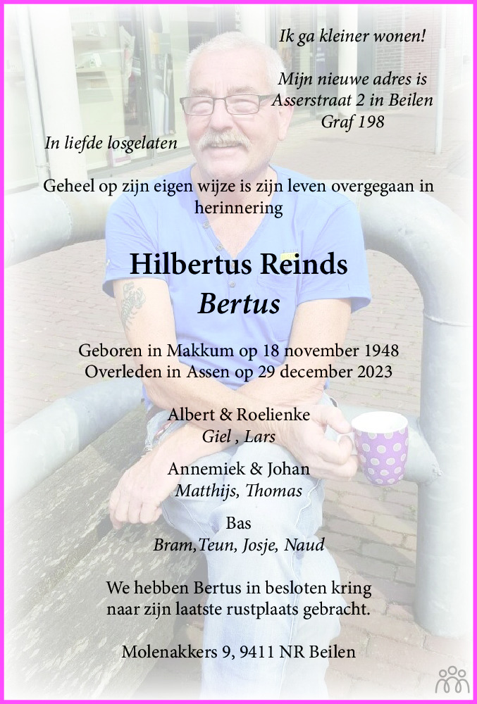 Hilbertus (Bertus) Reinds 29-12-2023 overlijdensbericht en condoleances ...