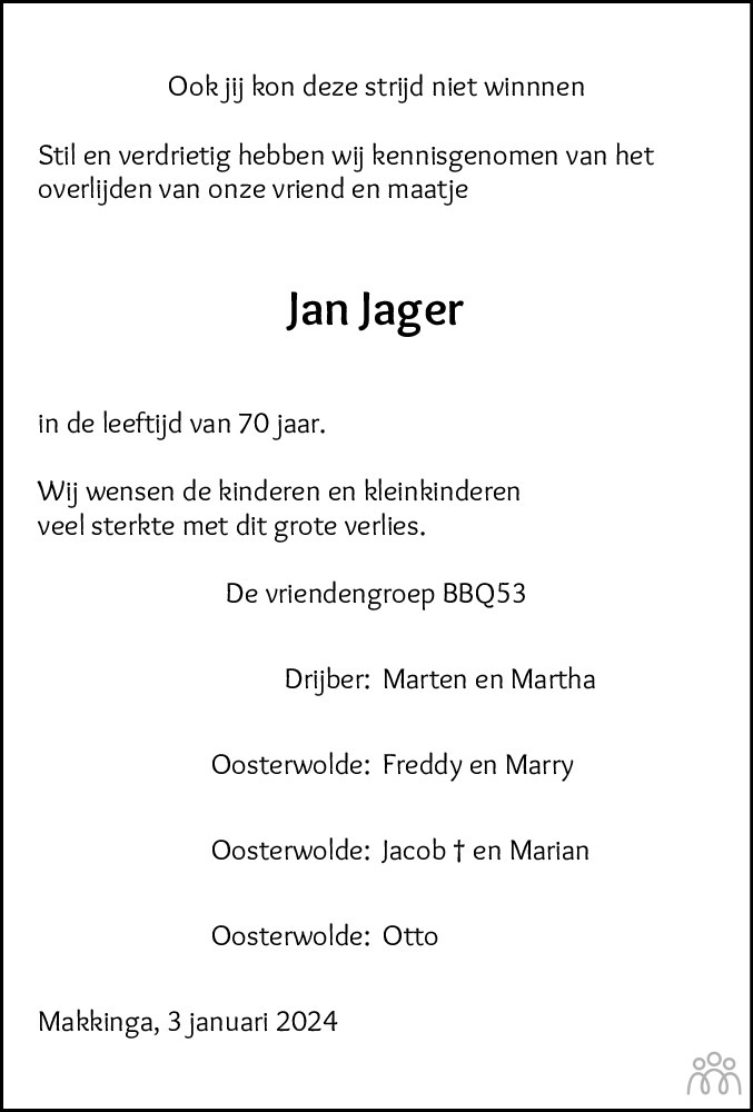 Jan Jager 03-01-2024 overlijdensbericht en condoleances - Mensenlinq.nl