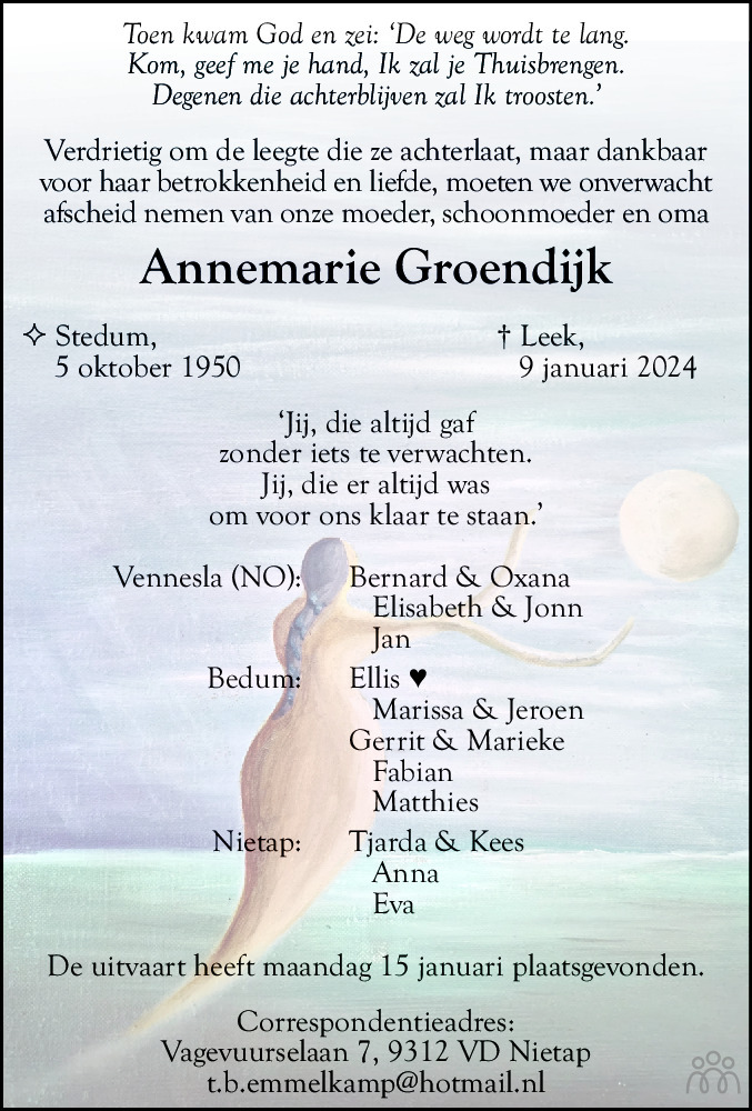 Annemarie Groendijk 09-01-2024 overlijdensbericht en condoleances ...