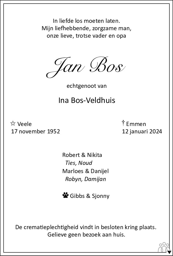 Jan Bos 12-01-2024 overlijdensbericht en condoleances - Mensenlinq.nl