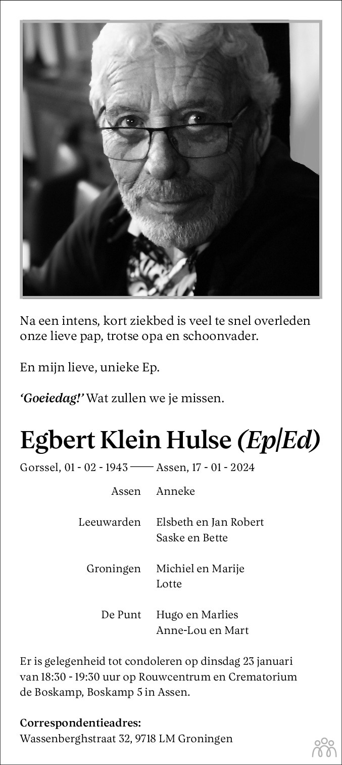 Egbert (Ep) (Ed) Klein Hulse 17-01-2024 overlijdensbericht en ...