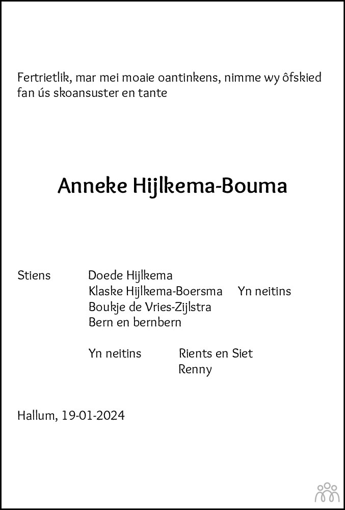 Anna (Anneke) Hijlkema-Bouma 19-01-2024 overlijdensbericht en ...