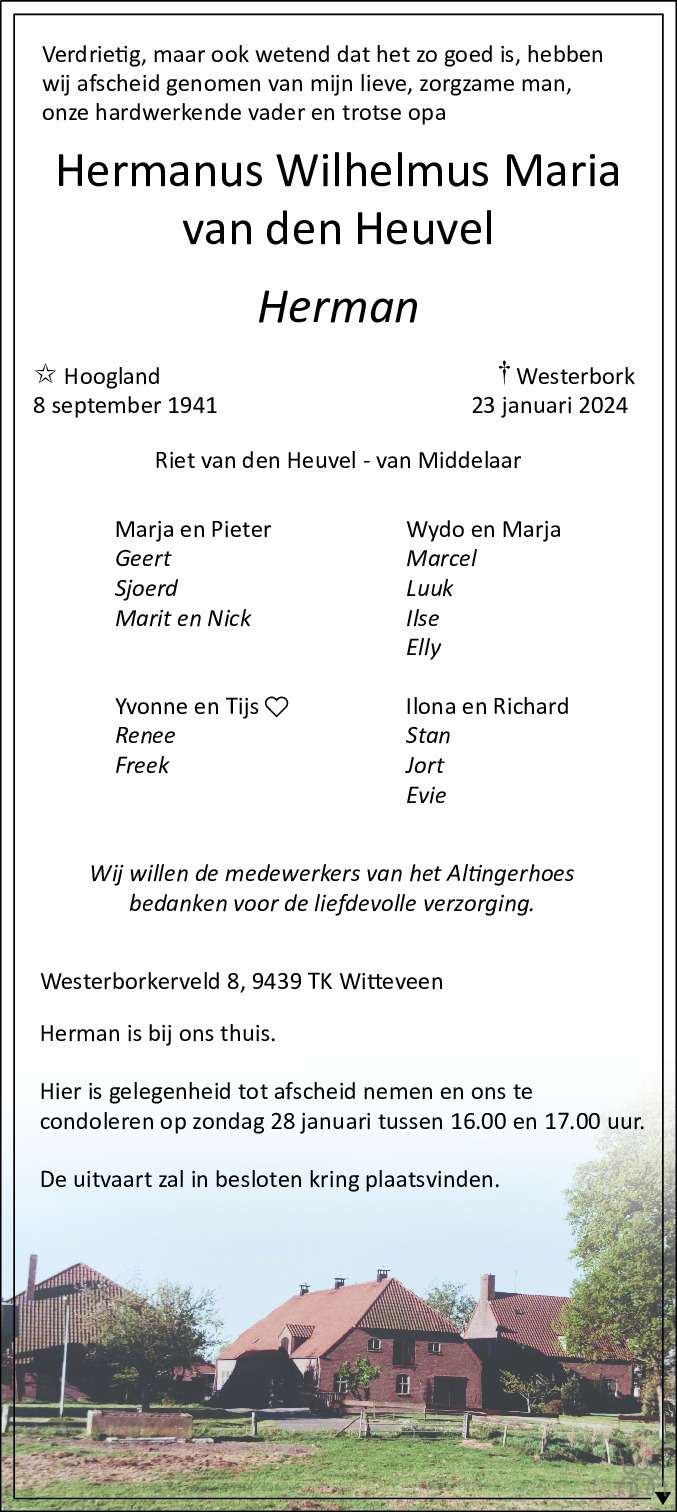 Hermanus Wilhelmus Maria Herman Van Den Heuvel 23 01 2024 Overlijdensbericht En Condoleances