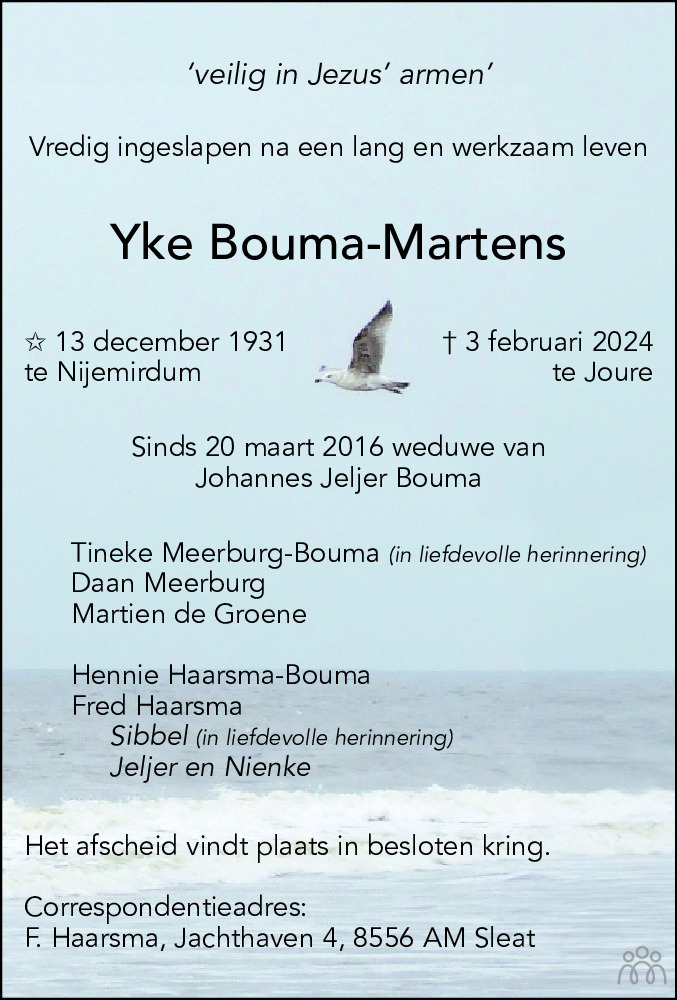 Yke Bouma-Martens 03-02-2024 overlijdensbericht en condoleances ...