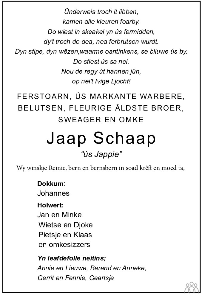 Jacob (Jaap - Jappie) Schaap 10-02-2024 overlijdensbericht en ...